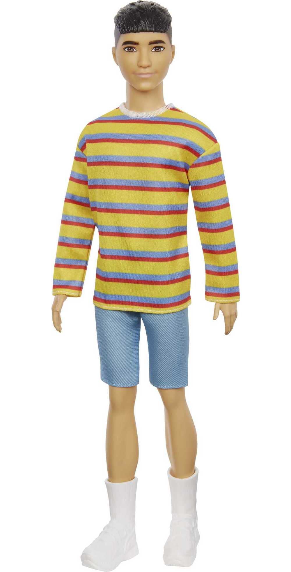 Barbie Ken Fashionistas Doll #175 with Brunette Hair Dressed in Colorful Striped Shirt, Denim Shorts and White Boots