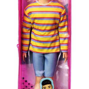 Barbie Ken Fashionistas Doll #175 with Brunette Hair Dressed in Colorful Striped Shirt, Denim Shorts and White Boots