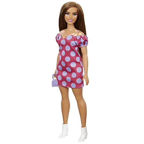 Barbie Fashionistas Doll #171, Curvy, Vitiligo, Long Brunette Hair, Off-shoulder Polka Dot Dress, Purple Purse, White Boots,Toy for Kids 3 to 8 Years Old