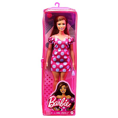 Barbie Fashionistas Doll #171, Curvy, Vitiligo, Long Brunette Hair, Off-shoulder Polka Dot Dress, Purple Purse, White Boots,Toy for Kids 3 to 8 Years Old