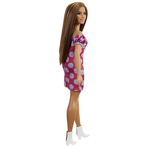 Barbie Fashionistas Doll #171, Curvy, Vitiligo, Long Brunette Hair, Off-shoulder Polka Dot Dress, Purple Purse, White Boots,Toy for Kids 3 to 8 Years Old