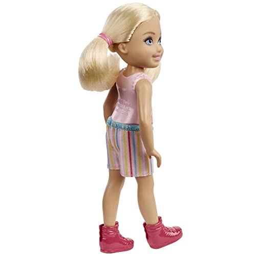 Barbie Chelsea Doll, Small Doll with Blonde Pigtails & Blue Eyes in Removable Striped Dress & Pink Boots