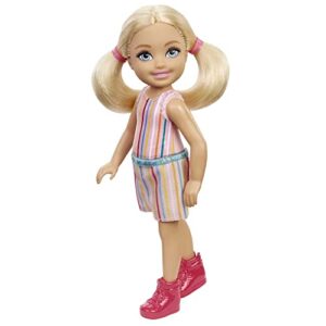 Barbie Chelsea Doll, Small Doll with Blonde Pigtails & Blue Eyes in Removable Striped Dress & Pink Boots