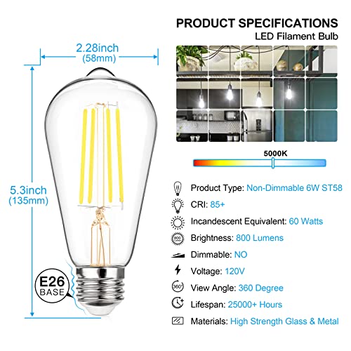 MAXvolador Vintage LED Edison Bulb 60W Equivalent 800 lumens, 6W ST58 LED Filament Light Bulb, Daylight White 5000K Antique Style Lighting, E26 Medium Screw Base, CRI 85+, Non-Dimmable, Pack of 12