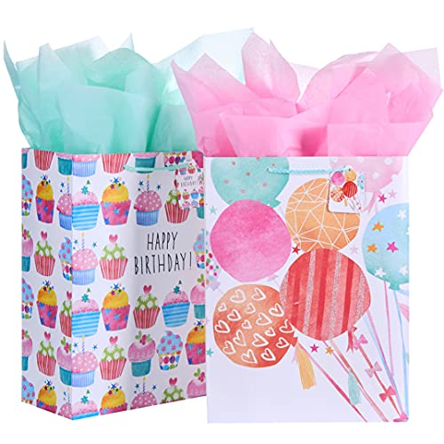 SUNCOLOR 16" Extra Large Gift Bags for Birthday Party with Tissue Paper(2 Pack, Cupcake)