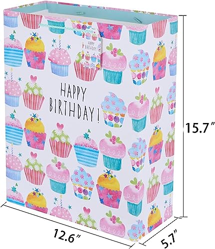 SUNCOLOR 16" Extra Large Gift Bags for Birthday Party with Tissue Paper(2 Pack, Cupcake)