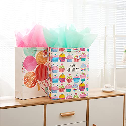 SUNCOLOR 16" Extra Large Gift Bags for Birthday Party with Tissue Paper(2 Pack, Cupcake)