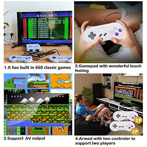 Super Retro Game Console,Classic Mini Console with Built-in 660 Video Games and 2 Classic Controllers,Plug and Play Game System for Kids and Adults