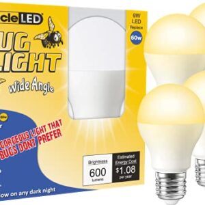 Miracle LED 9W Almost Free Energy LED Un-Edison Bug Light - Yellow Spectrum E26 A19 Medium Outdoor Bug Bulb for Porch Patio & Deck - Replaces 60W Old Painted Incandescent Bug Bulbs Amber Glow (4-Pack)