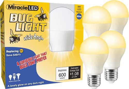 Miracle LED 9W Almost Free Energy LED Un-Edison Bug Light - Yellow Spectrum E26 A19 Medium Outdoor Bug Bulb for Porch Patio & Deck - Replaces 60W Old Painted Incandescent Bug Bulbs Amber Glow (4-Pack)