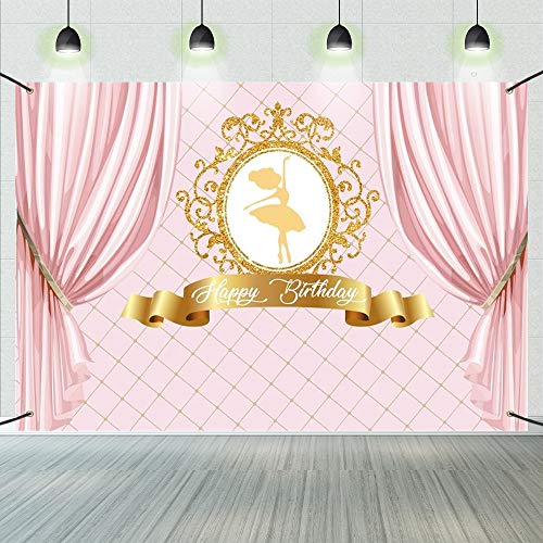 CSFOTO Polyester 6x3.6ft Happy Birthday Ballerina Banner Princess Pink Curtain Photography Backdrop Girl Golden Elegant Ballet Dancer Celebrate Party Decoration Child Kid Baby Banner