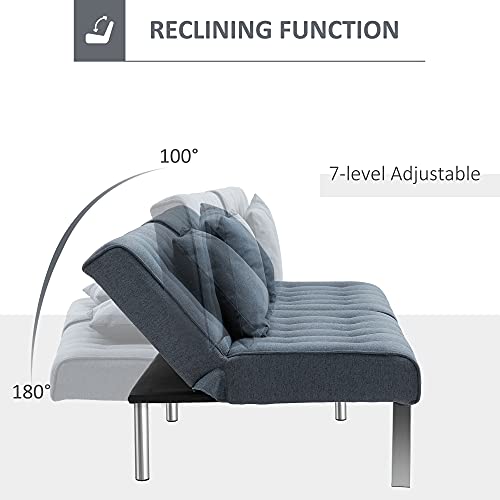 HOMCOM 2-Seater Convertible Sofa Bed with 7 Adjustable Angled Backrest Levels, 2 Pillows, and 5 Steel Legs, Grey