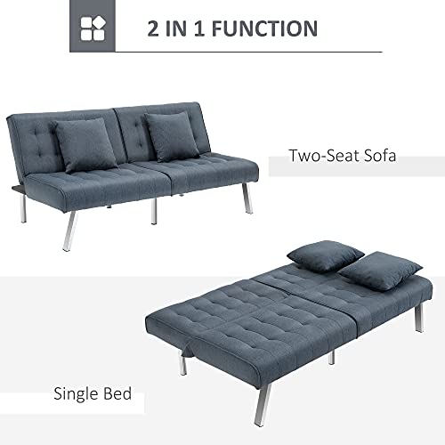 HOMCOM 2-Seater Convertible Sofa Bed with 7 Adjustable Angled Backrest Levels, 2 Pillows, and 5 Steel Legs, Grey