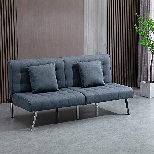 HOMCOM 2-Seater Convertible Sofa Bed with 7 Adjustable Angled Backrest Levels, 2 Pillows, and 5 Steel Legs, Grey