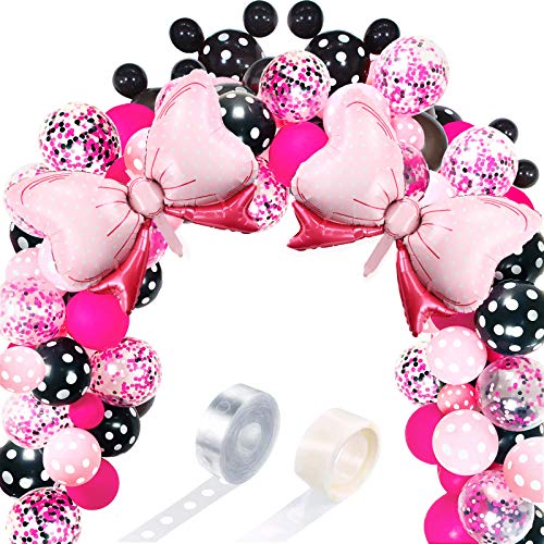 119 Mouse Balloon Garland Arch Kit Includes Pink Bow Foil Balloons, Pink Rose Red Black Dot Latex Balloons with Balloon Strip and Glue Points for Mouse Theme Party Baby Shower Birthday Wedding Decor