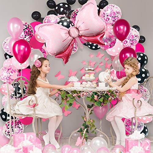 119 Mouse Balloon Garland Arch Kit Includes Pink Bow Foil Balloons, Pink Rose Red Black Dot Latex Balloons with Balloon Strip and Glue Points for Mouse Theme Party Baby Shower Birthday Wedding Decor