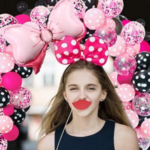 119 Mouse Balloon Garland Arch Kit Includes Pink Bow Foil Balloons, Pink Rose Red Black Dot Latex Balloons with Balloon Strip and Glue Points for Mouse Theme Party Baby Shower Birthday Wedding Decor