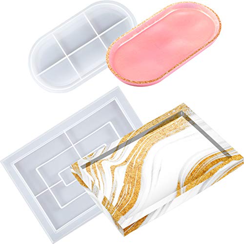 2 Pieces Silicone Tray Resin Mold Large Rectangle Rolling Tray Mold Oval Epoxy Casting Coaster Mold Resin Serving Board Mold Jewelry Holder Mold Fruit Snack Plate Tray Mold with Edge for Home Decor