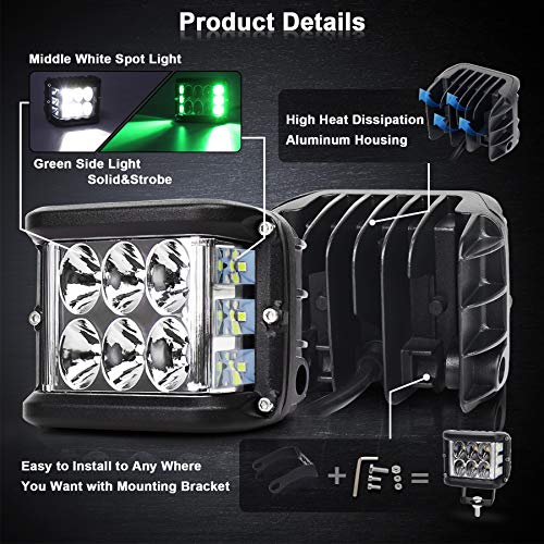 OVOTOR Dual Side Shooter LED Lights 4inch Green DRL Solid&Strobe Off Road LED Pod Lights Driving Lights for Jeep Tractor Plow Truck SUV ATV Motorcycle