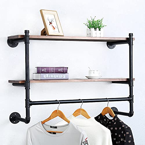 JIANZHUO Industrial Pipe Clothing Rack Wall Mounted with Wood Shelf,Rustic Retail Garment Rack Display Rack Cloths Rack,Pipe Shelving Floating Shelves