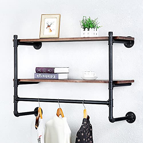 JIANZHUO Industrial Pipe Clothing Rack Wall Mounted with Wood Shelf,Rustic Retail Garment Rack Display Rack Cloths Rack,Pipe Shelving Floating Shelves