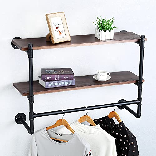 JIANZHUO Industrial Pipe Clothing Rack Wall Mounted with Wood Shelf,Rustic Retail Garment Rack Display Rack Cloths Rack,Pipe Shelving Floating Shelves