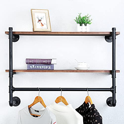 JIANZHUO Industrial Pipe Clothing Rack Wall Mounted with Wood Shelf,Rustic Retail Garment Rack Display Rack Cloths Rack,Pipe Shelving Floating Shelves