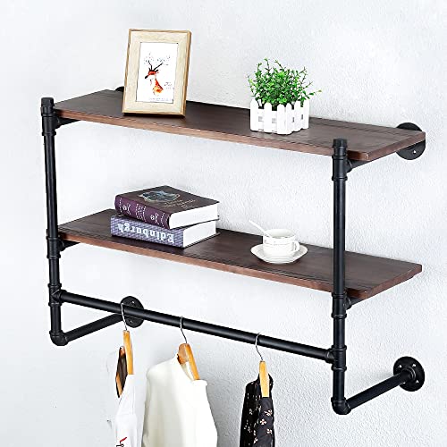 JIANZHUO Industrial Pipe Clothing Rack Wall Mounted with Wood Shelf,Rustic Retail Garment Rack Display Rack Cloths Rack,Pipe Shelving Floating Shelves