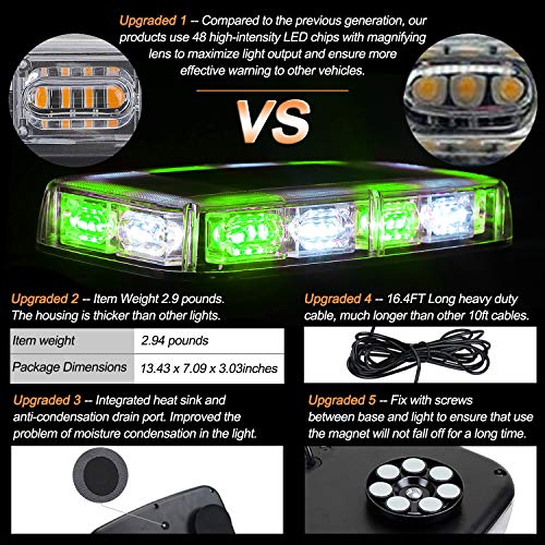 ASPL 48LED Roof Top Strobe Lights, High Visibility Emergency Safety Warning LED Mini Strobe Light bar with Magnetic Base for 12-24V Snow Plow, Trucks, Construction Vehicles (Green/White)