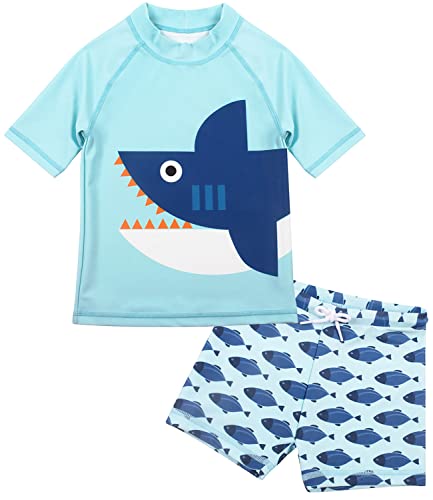 Dilon Toddler Baby Boys Swimsuit Shark Bathing Suits Set-Two Piece Short Sleeve Rashguard Swimwear & Swim Trunks Set(Shark,12-18 Months)