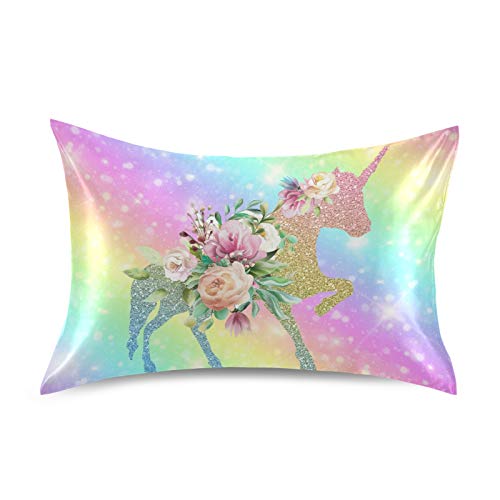 Blueangle Rainbow Unicorn Satin Pillowcase for Hair and Skin Silk Pillowcase, Standard Size(20x26 inches) - Slip Cooling Satin Pillow Covers with Envelope Closure