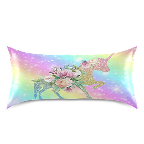 Blueangle Rainbow Unicorn Satin Pillowcase for Hair and Skin Silk Pillowcase, Standard Size(20x26 inches) - Slip Cooling Satin Pillow Covers with Envelope Closure