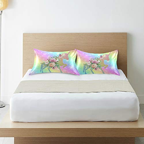 Blueangle Rainbow Unicorn Satin Pillowcase for Hair and Skin Silk Pillowcase, Standard Size(20x26 inches) - Slip Cooling Satin Pillow Covers with Envelope Closure