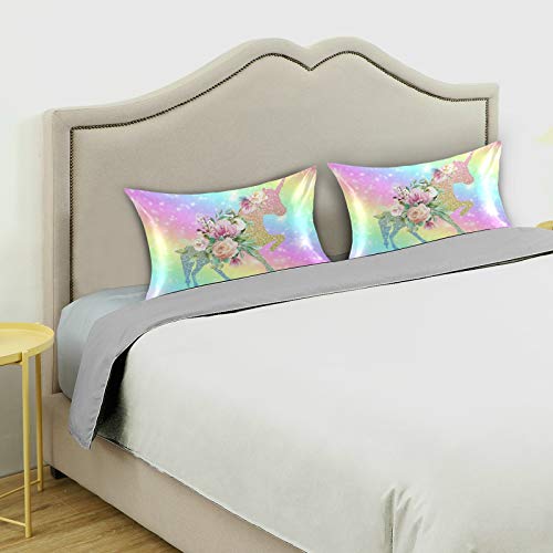 Blueangle Rainbow Unicorn Satin Pillowcase for Hair and Skin Silk Pillowcase, Standard Size(20x26 inches) - Slip Cooling Satin Pillow Covers with Envelope Closure