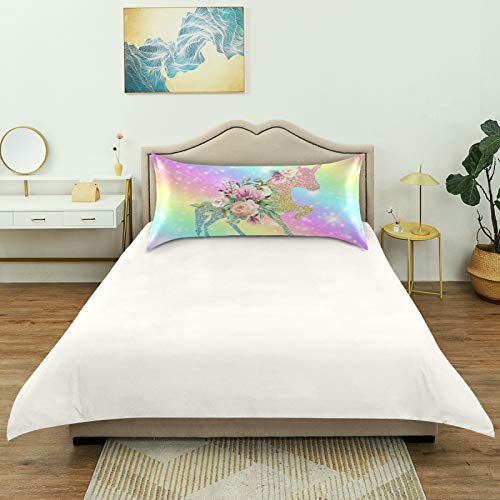 Blueangle Rainbow Unicorn Satin Pillowcase for Hair and Skin Silk Pillowcase, Standard Size(20x26 inches) - Slip Cooling Satin Pillow Covers with Envelope Closure