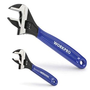 workpro 2-piece adjustable wrench set, 6-inch & 10-inch wrenches, wide jaw black oxide wrench with cushion grip, metric & sae scales, cr-v steel, for home, garage, workshop