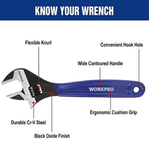 WORKPRO 2-piece Adjustable Wrench Set, 6-Inch & 10-Inch Wrenches, Wide Jaw Black Oxide Wrench With Cushion Grip, Metric & SAE Scales, Cr-V Steel, for Home, Garage, Workshop