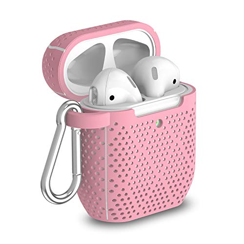 TALK WORKS AirPods Case Cover with Keychain - Protective Hard Silicone Skin for AirPods Keychain Case Clip Carabiner Wireless Charging Compatible with Apple Air Pod Carrying Case Series 1 & 2 - Pink