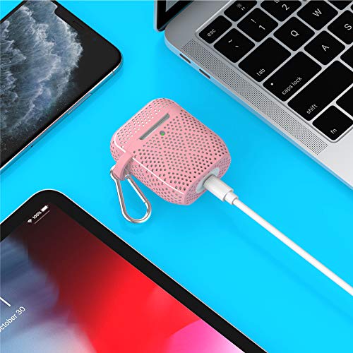 TALK WORKS AirPods Case Cover with Keychain - Protective Hard Silicone Skin for AirPods Keychain Case Clip Carabiner Wireless Charging Compatible with Apple Air Pod Carrying Case Series 1 & 2 - Pink