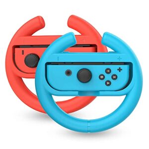 talkworks steering wheel controller for nintendo switch (2 pack) - racing games accessories joy con controller grip for mario kart, blue/red combo