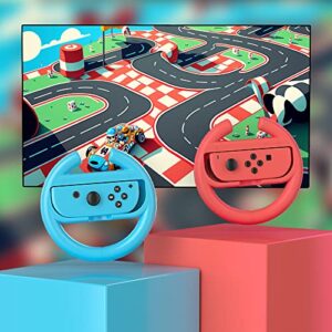 TalkWorks Steering Wheel Controller for Nintendo Switch (2 Pack) - Racing Games Accessories Joy Con Controller Grip for Mario Kart, Blue/Red Combo