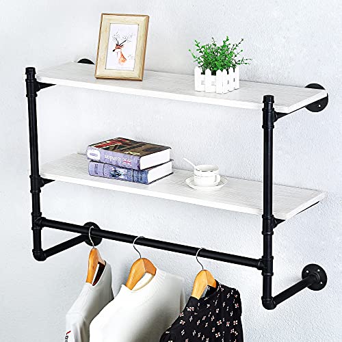 HAOVON Industrial Pipe Clothing Rack Wall Mounted Wood Shelf,Pipe Shelving Floating Shelves,Retail Garment Rack Display Rack Clothes Racks(2 Tier,36in)