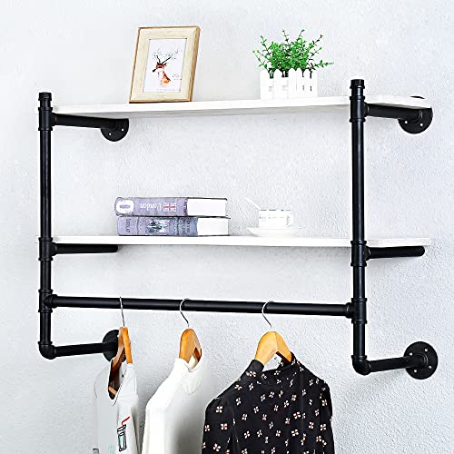 HAOVON Industrial Pipe Clothing Rack Wall Mounted Wood Shelf,Pipe Shelving Floating Shelves,Retail Garment Rack Display Rack Clothes Racks(2 Tier,36in)