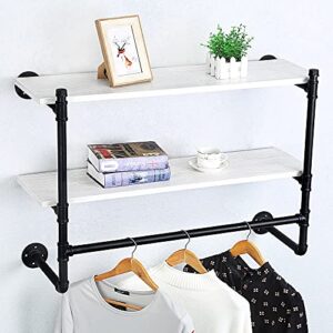 HAOVON Industrial Pipe Clothing Rack Wall Mounted Wood Shelf,Pipe Shelving Floating Shelves,Retail Garment Rack Display Rack Clothes Racks(2 Tier,36in)