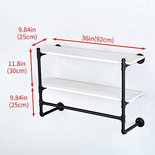 HAOVON Industrial Pipe Clothing Rack Wall Mounted Wood Shelf,Pipe Shelving Floating Shelves,Retail Garment Rack Display Rack Clothes Racks(2 Tier,36in)