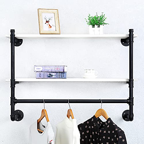 HAOVON Industrial Pipe Clothing Rack Wall Mounted Wood Shelf,Pipe Shelving Floating Shelves,Retail Garment Rack Display Rack Clothes Racks(2 Tier,36in)