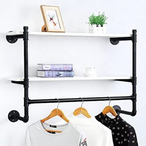 HAOVON Industrial Pipe Clothing Rack Wall Mounted Wood Shelf,Pipe Shelving Floating Shelves,Retail Garment Rack Display Rack Clothes Racks(2 Tier,36in)