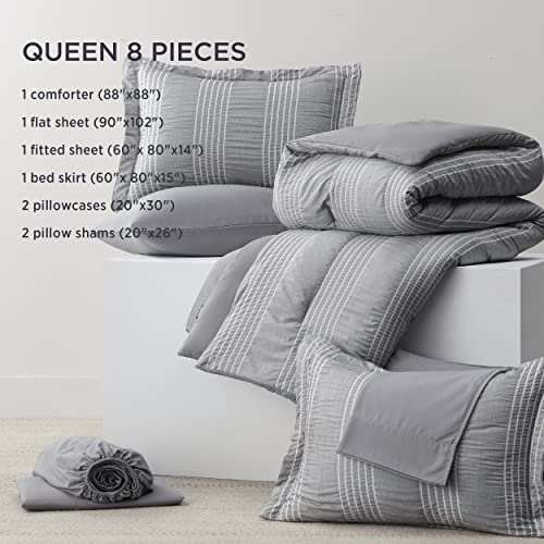 Bedsure Bed in a Bag Queen - Queen Comforter Set 7 Pieces Stripes Seersucker Bedding Set, Soft Lightweight Down Alternative Comforter, Queen Bed Set (Smoky Grey, Queen 88 x 88 Inch)