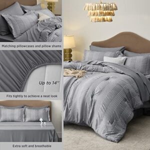 Bedsure Bed in a Bag Queen - Queen Comforter Set 7 Pieces Stripes Seersucker Bedding Set, Soft Lightweight Down Alternative Comforter, Queen Bed Set (Smoky Grey, Queen 88 x 88 Inch)