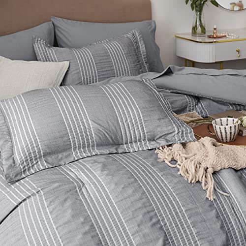 Bedsure Bed in a Bag Queen - Queen Comforter Set 7 Pieces Stripes Seersucker Bedding Set, Soft Lightweight Down Alternative Comforter, Queen Bed Set (Smoky Grey, Queen 88 x 88 Inch)